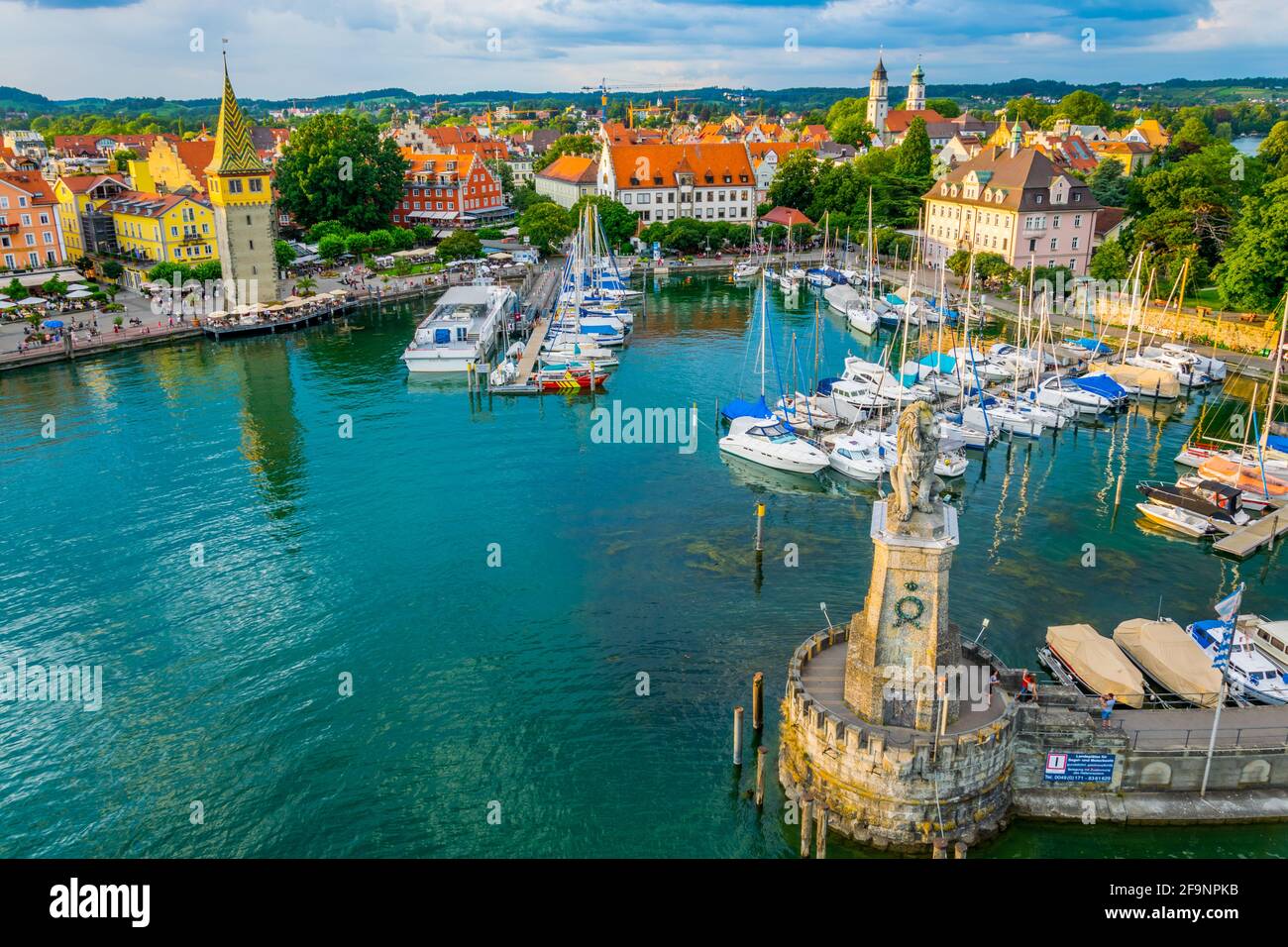 Aerial view of the german port Lindau including Mangturm tower and a ...