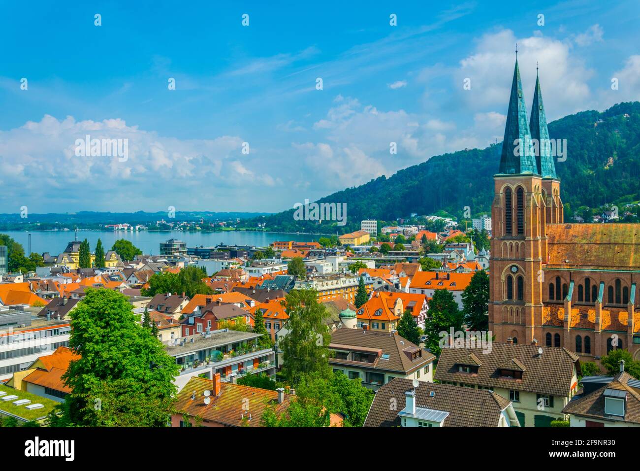 Aerial view of Bregenz dominated by the church of the sacred heart ...