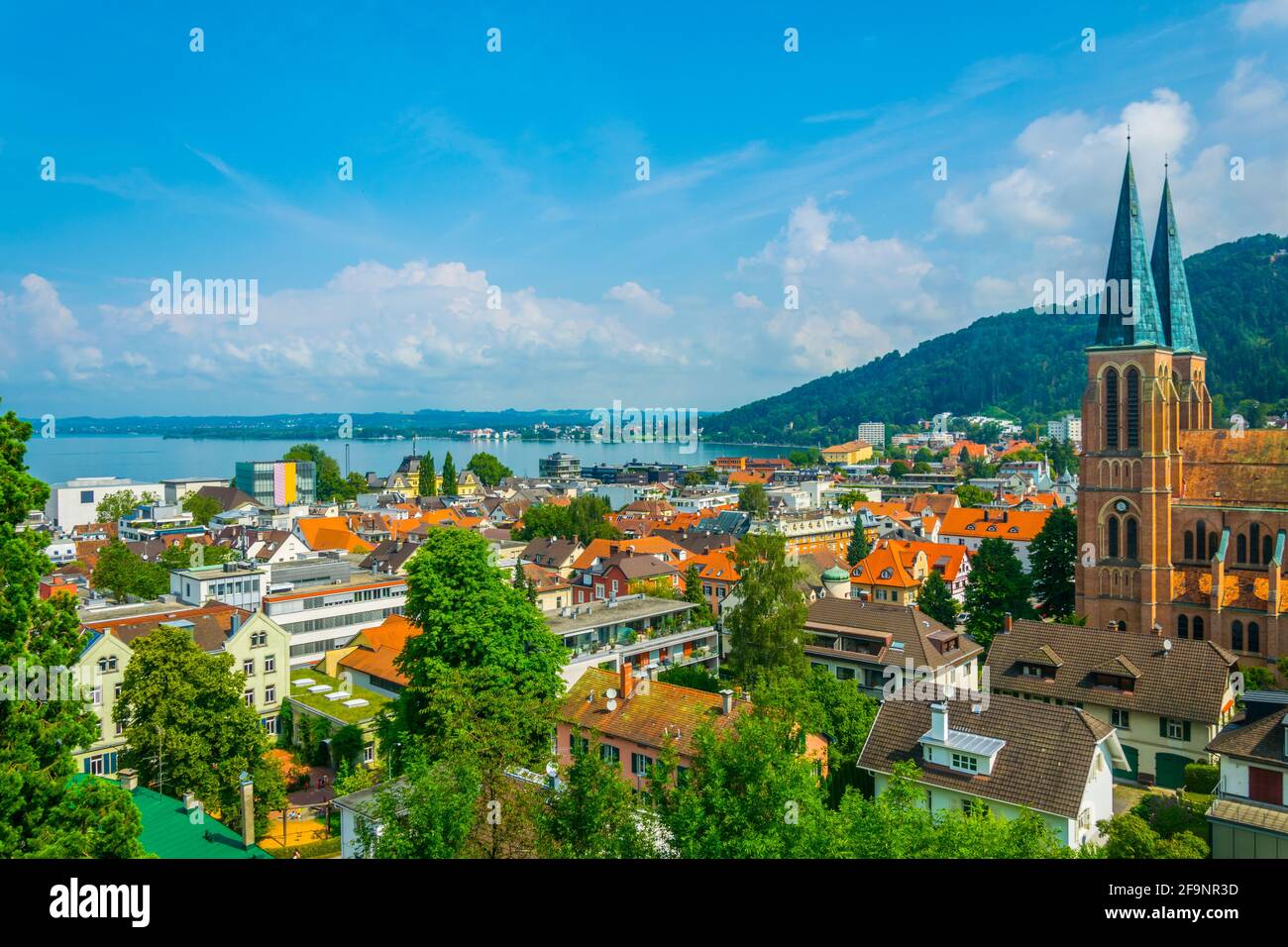 Aerial view of Bregenz dominated by the church of the sacred heart ...