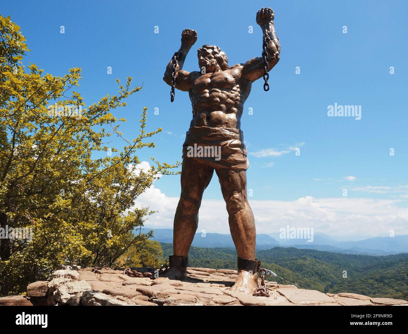 Russia, Sochi 12.07.2020. A statue of prometheus with raised arms ...