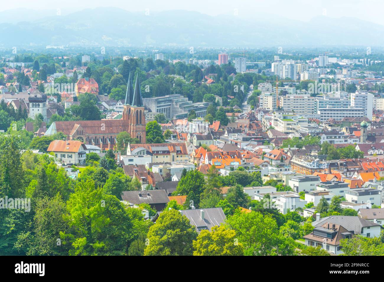 Aerial view of Bregenz dominated by the church of the sacred heart ...