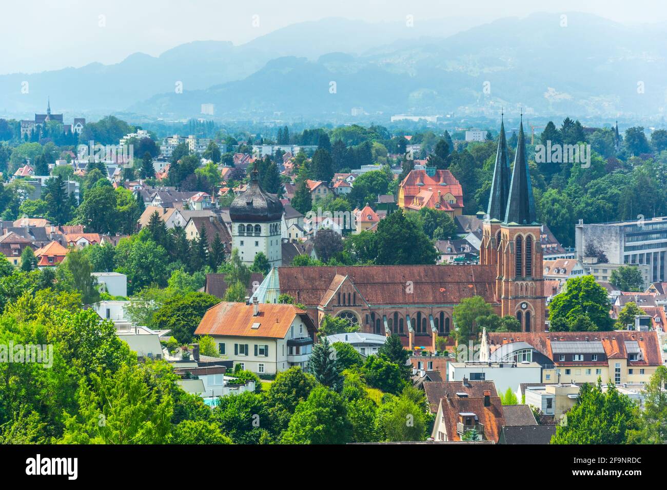 Aerial view of Bregenz dominated by the church of the sacred heart ...