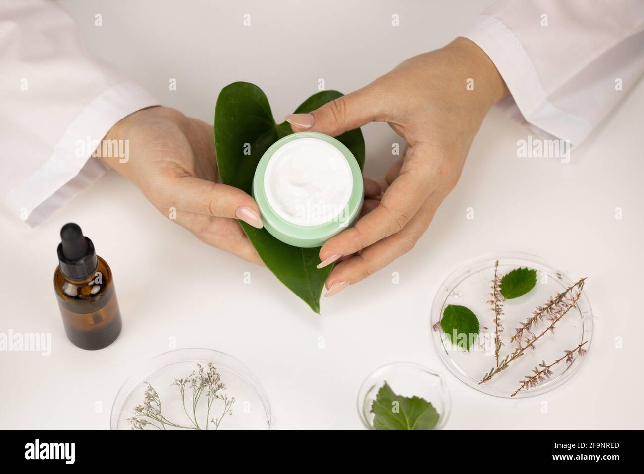 cosmetologist female hands hold face and hand nourishing cream in open ...