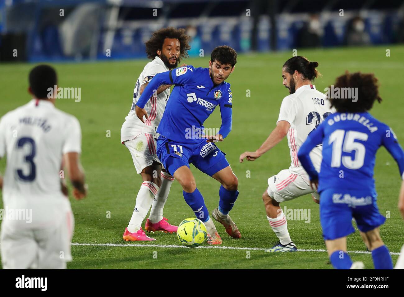 Getafe, Spain. 18th Apr, 2021. (L-R) Marcelo (Real), Carles Alena ...