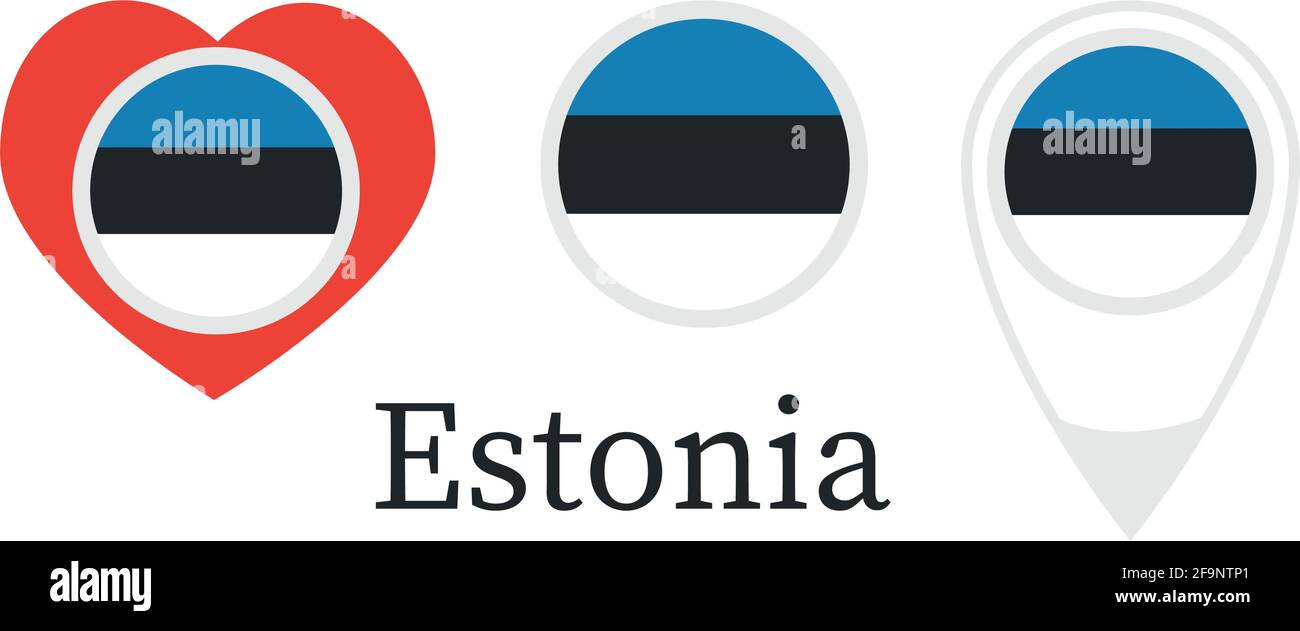 National flag of Estonia, round icon, heart icon and location sign ...