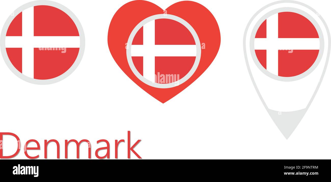 National flag of Denmark, round icon, heart icon and location sign ...