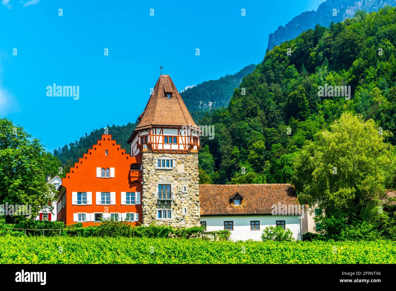 View of the famous red house in liechtenstein Stock Photo - Alamy