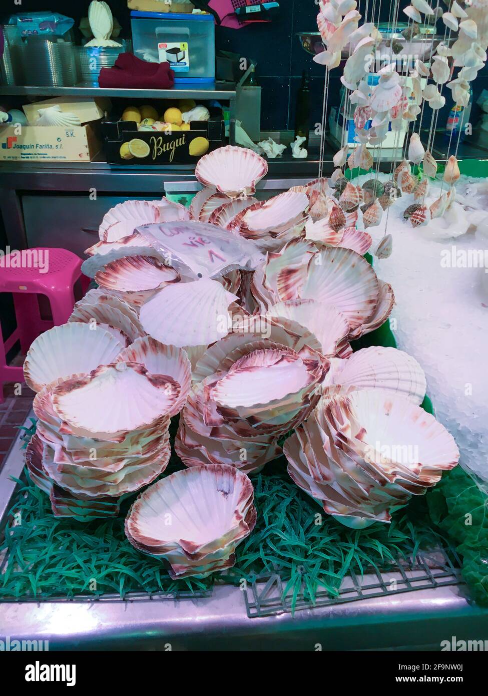 A seafood market stall at Mercat de la Boqueria, Barcelona, Spain ...