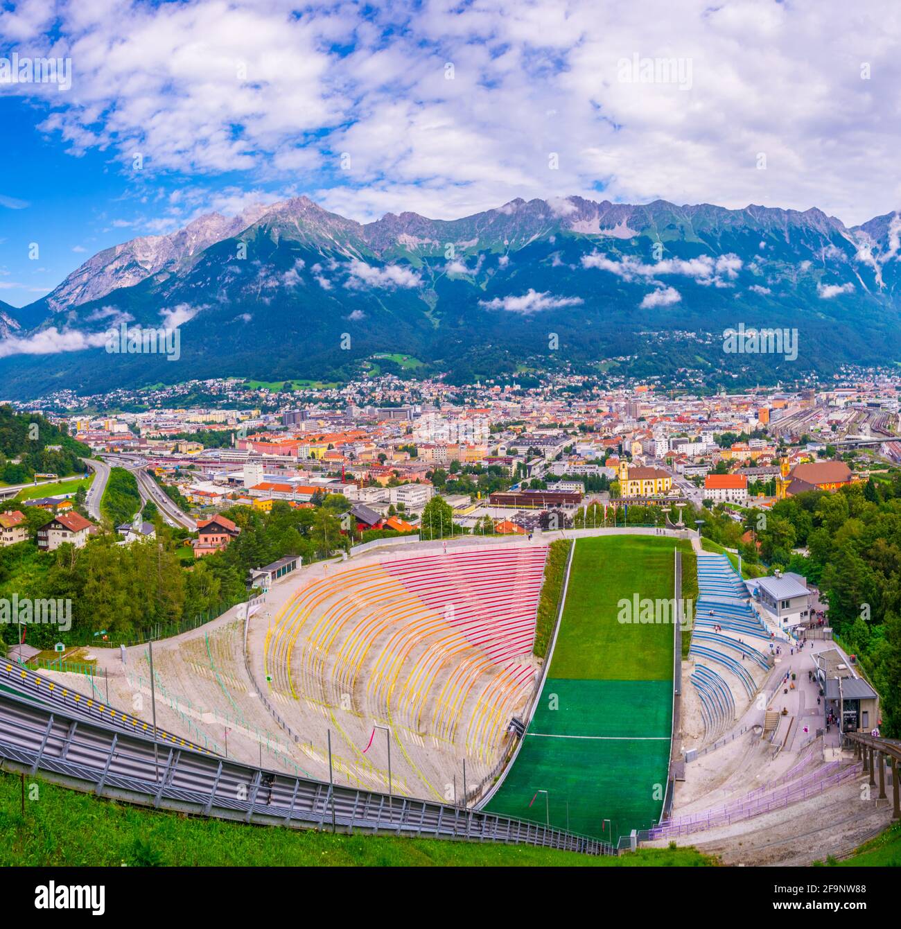 View of the track of the Bergisel ski jump stadium overlooking ...