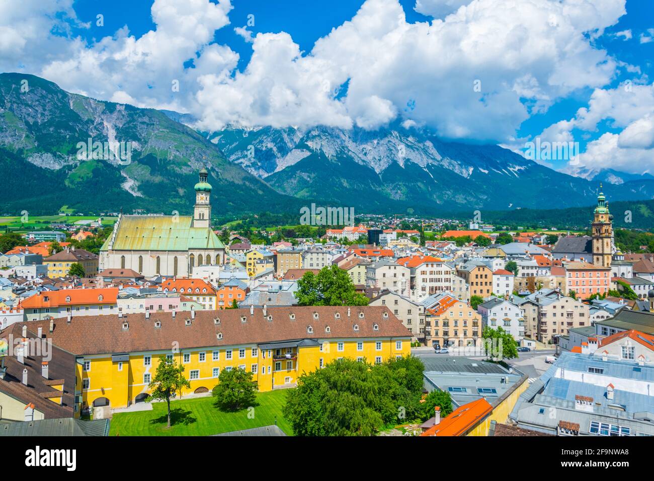 Aerial view of Hall in Tirol town in Austria from top of the Hasegg ...