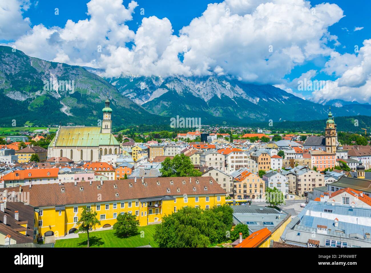Aerial view of Hall in Tirol town in Austria from top of the Hasegg ...