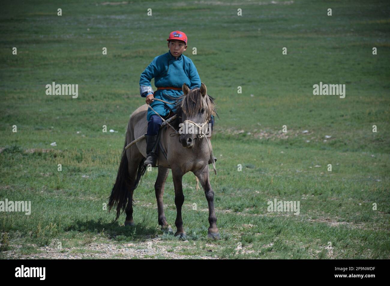 Child nomadic herders in traditional dress on horseback on the steppes ...