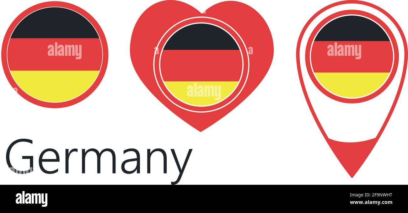 National flag of Germany, round icon, heart icon and location sign ...
