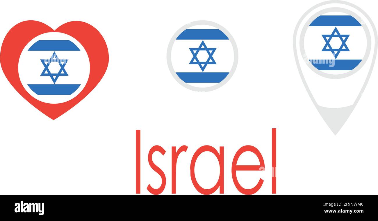 National flag of Israel, round icon, heart icon and location sign ...