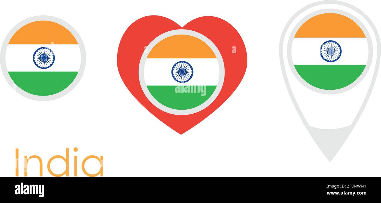 National flag of India, round icon, heart icon and location sign ...
