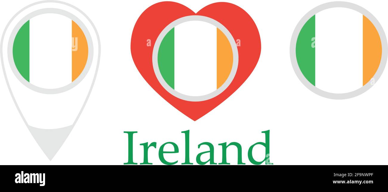 National flag of Ireland, round icon, heart icon and location sign ...