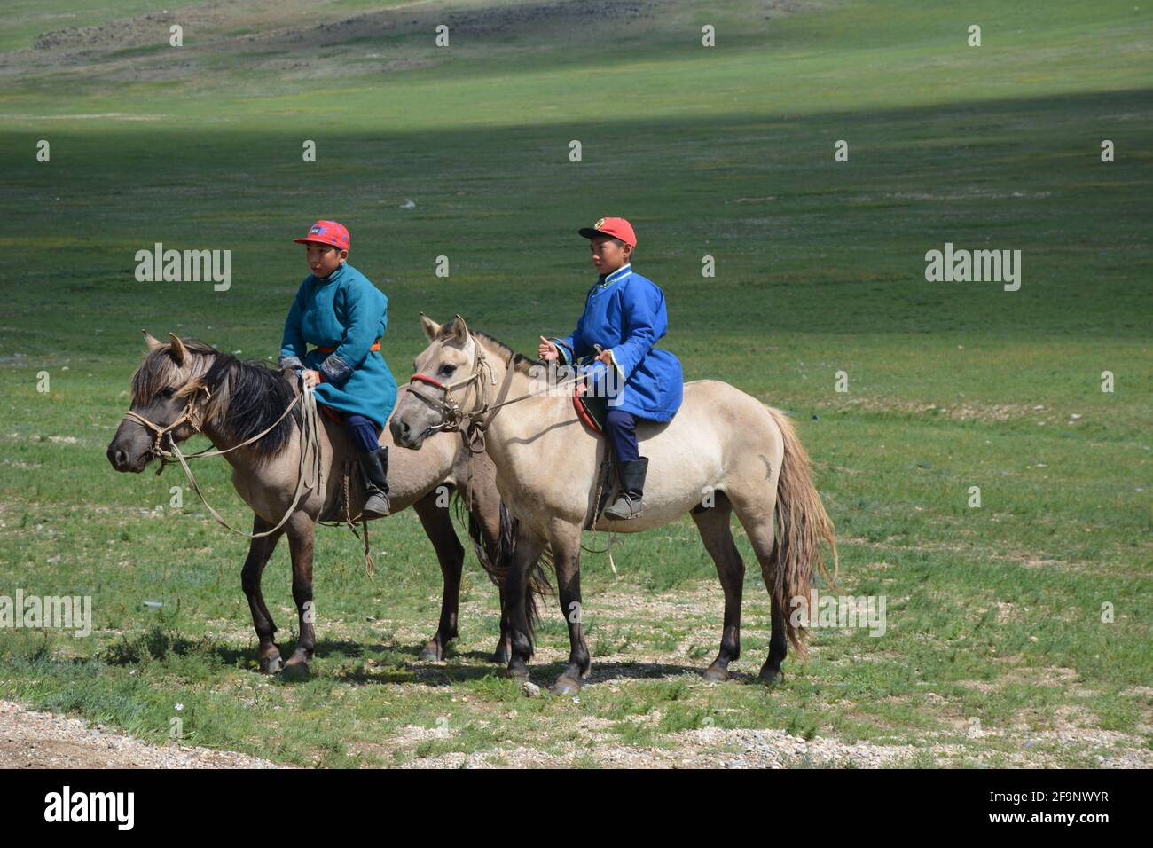 Child nomadic herders in traditional dress on horseback on the steppes ...