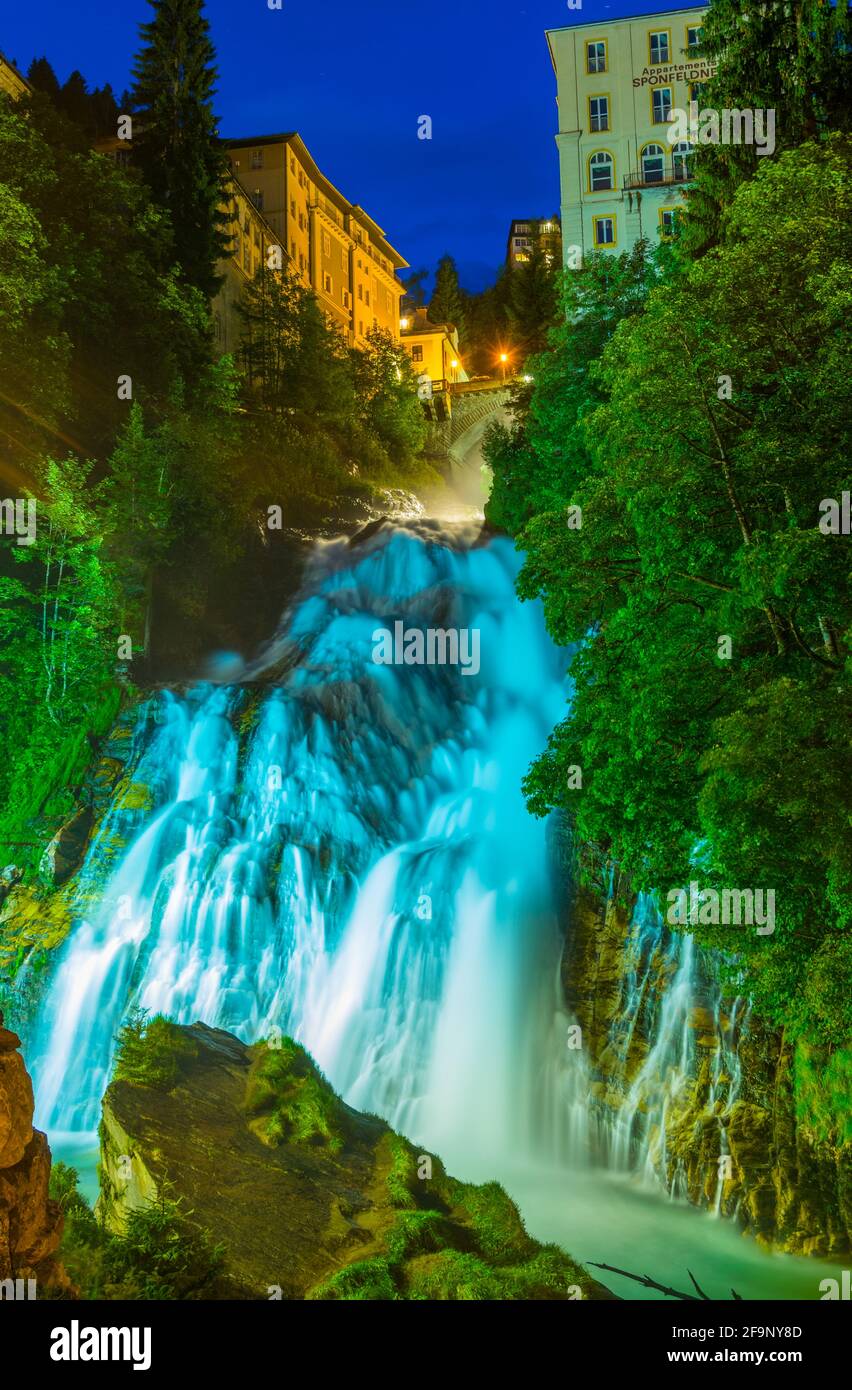 Night view of a waterfall in the Austrian city Bad Gastein Stock Photo ...