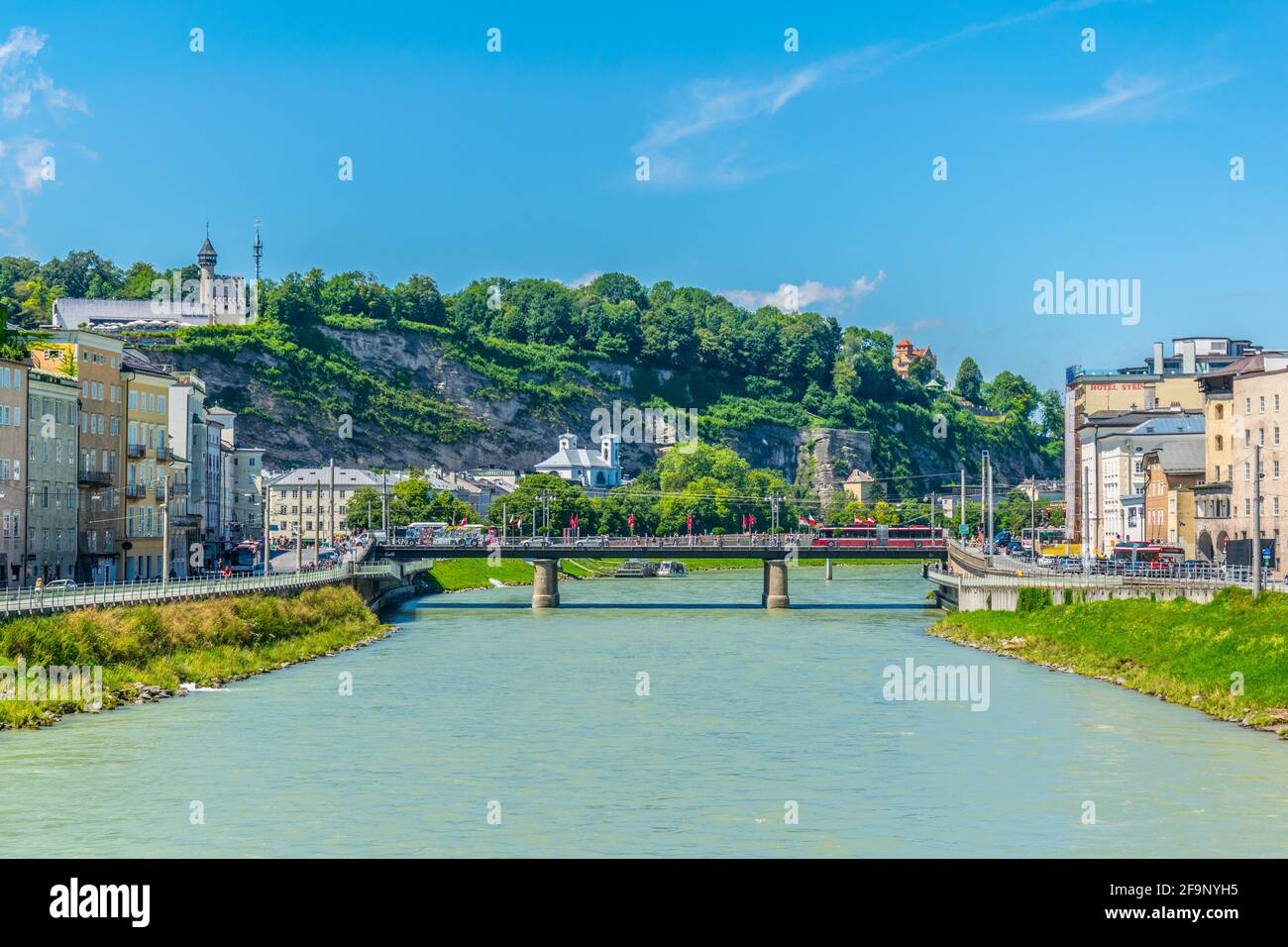 View of riverside of Salzach river in Salzburg, Austria Stock Photo - Alamy