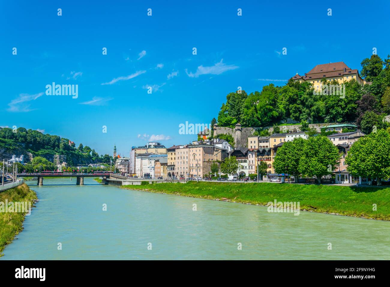 View of riverside of Salzach river in Salzburg, Austria Stock Photo - Alamy