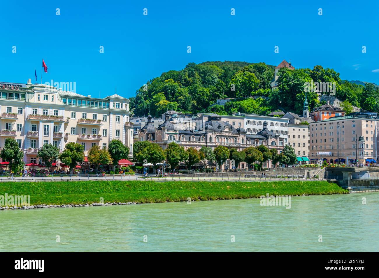 View of riverside of Salzach river in Salzburg, Austria Stock Photo - Alamy