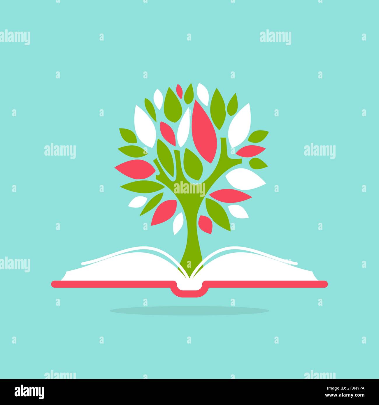 red open book with green tree. Flat icon isolated on powder blue ...