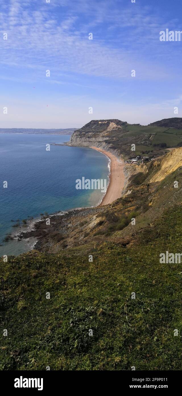Unstable Cliffs following cliff fall at Seatown, people shown close to ...
