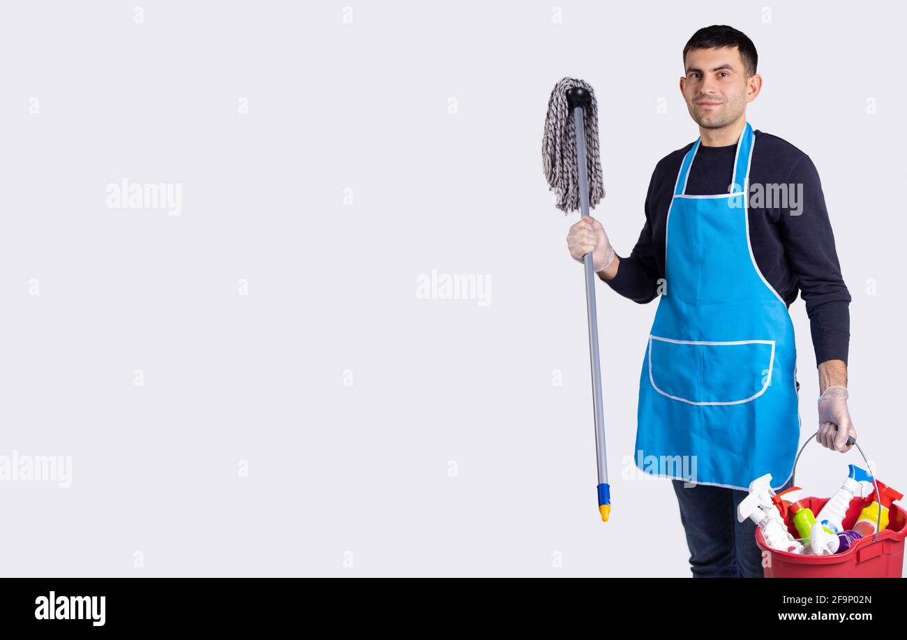Health protection. Cleaning service concept. Young man wearing blue ...