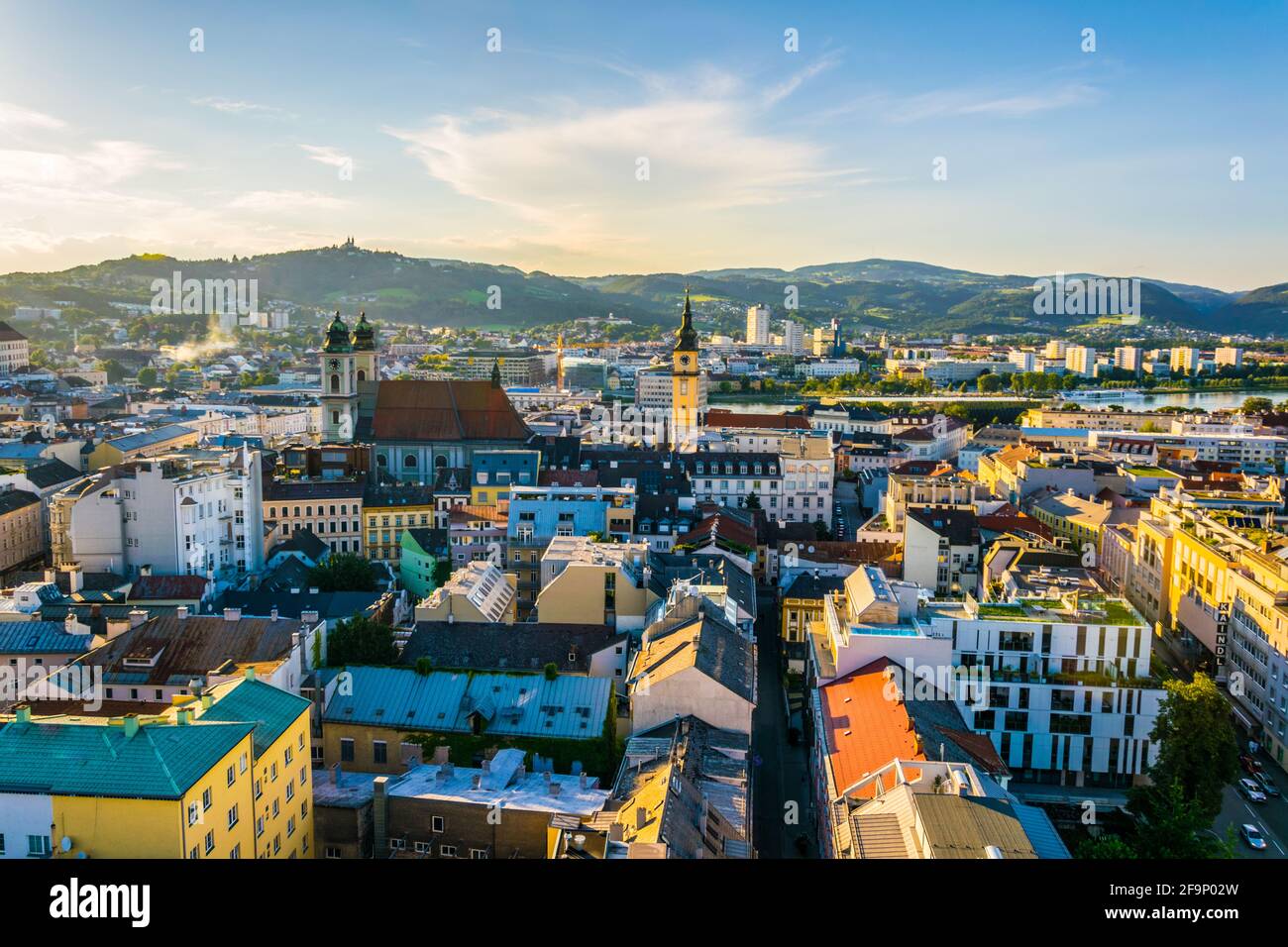 Aerial view of the Austrian city Linz including the old Cathedral, schlossmusem and the ...