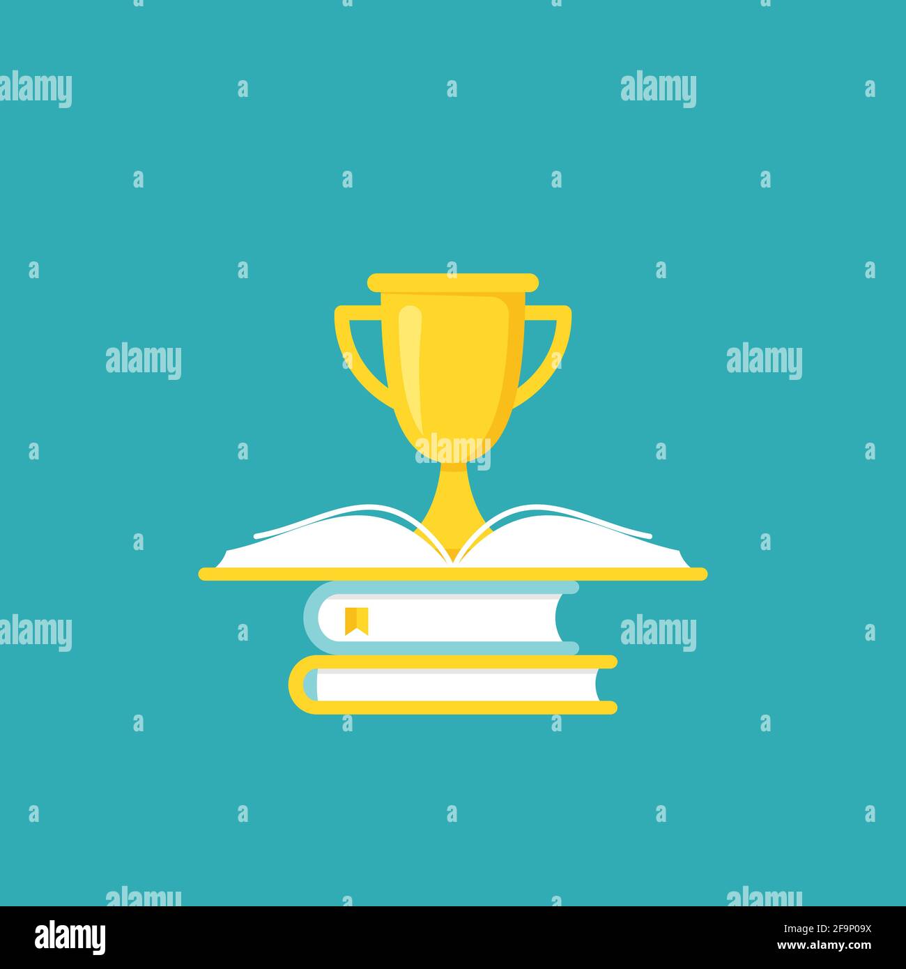 stack of books with gold trophy or winning cup. Isolated on powder blue ...