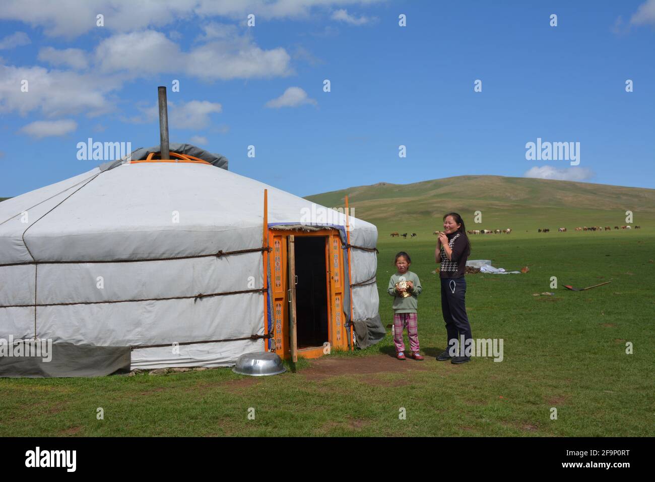 Mother and child at an authentic nomadic ger camp on the steppes of the ...