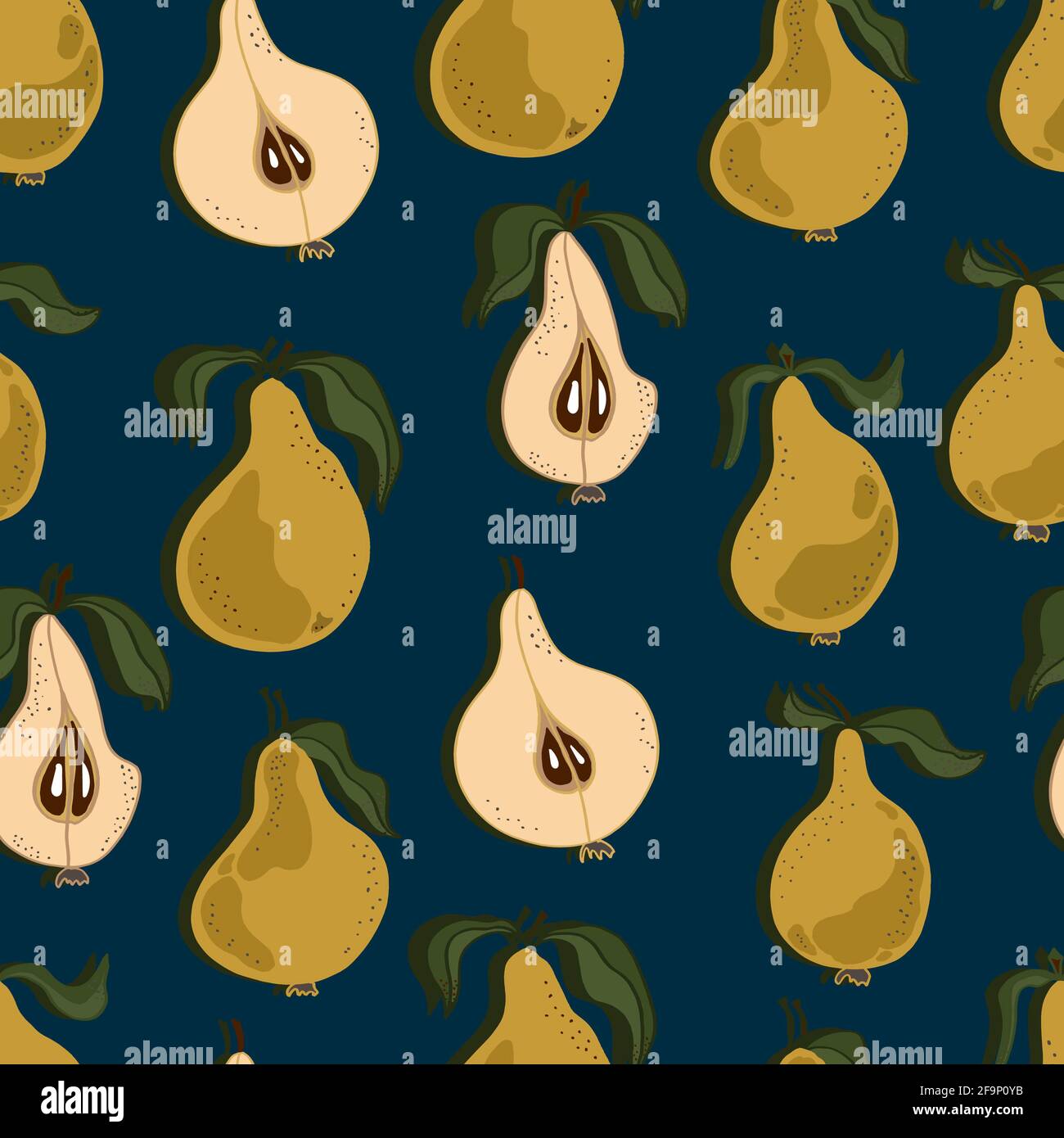 Pears with leaves, whole and chopped. Pear seamless pattern. Background ...