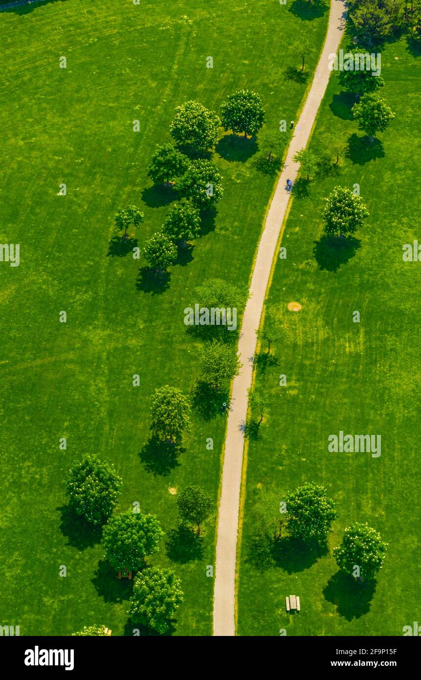 aerial view of a green alley with a narrow path in center Stock Photo ...