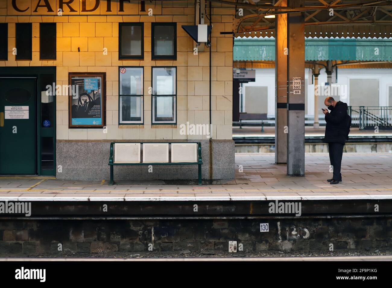 Cardiff Central Train Station. 1st February 2021. A man standing ...