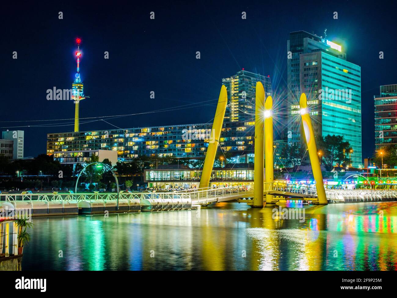 View of a floating bridge over danube river near VIC and Donauturm ...