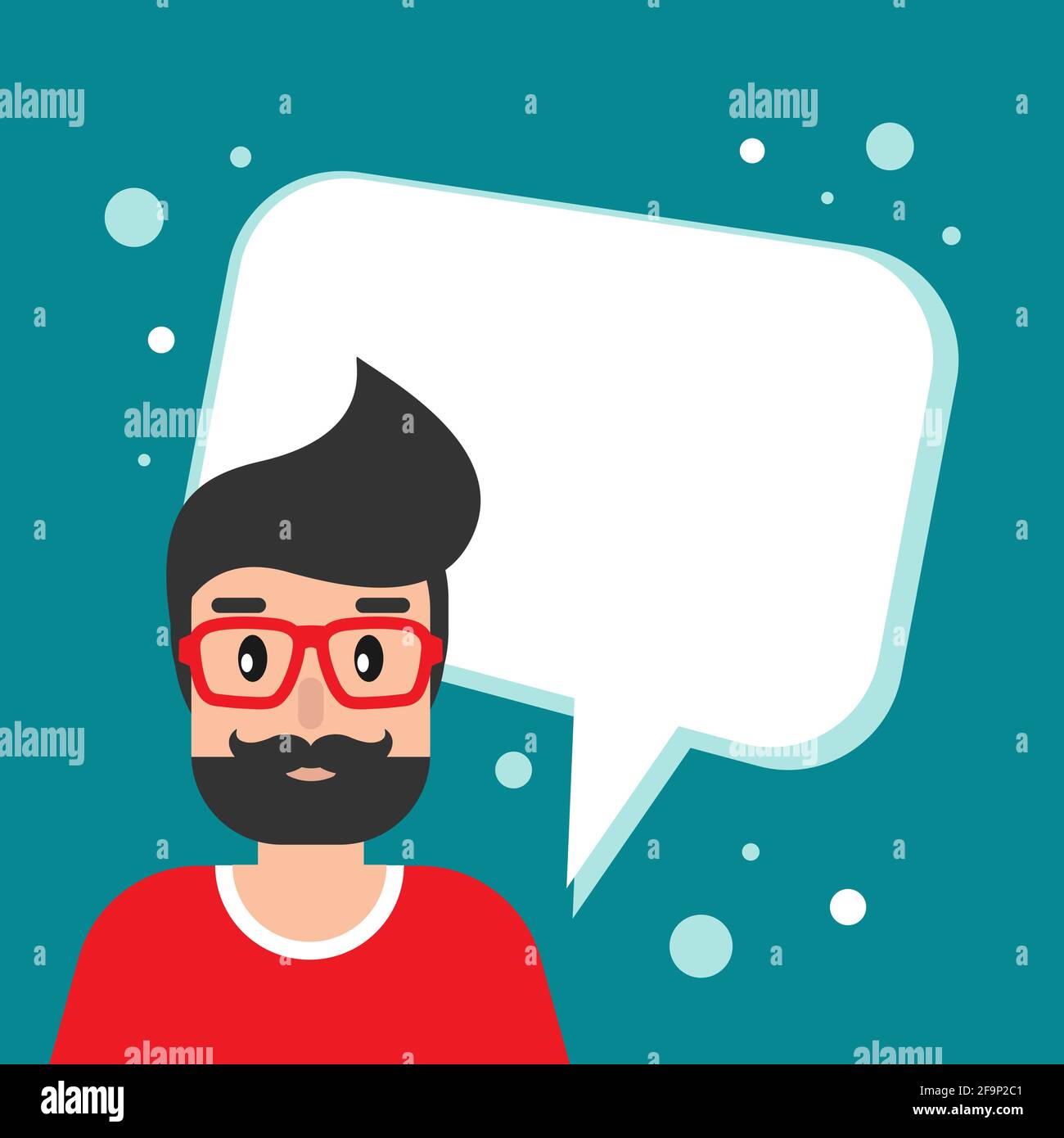 happy man with speech bubble on blue background. Talk, chat message ...