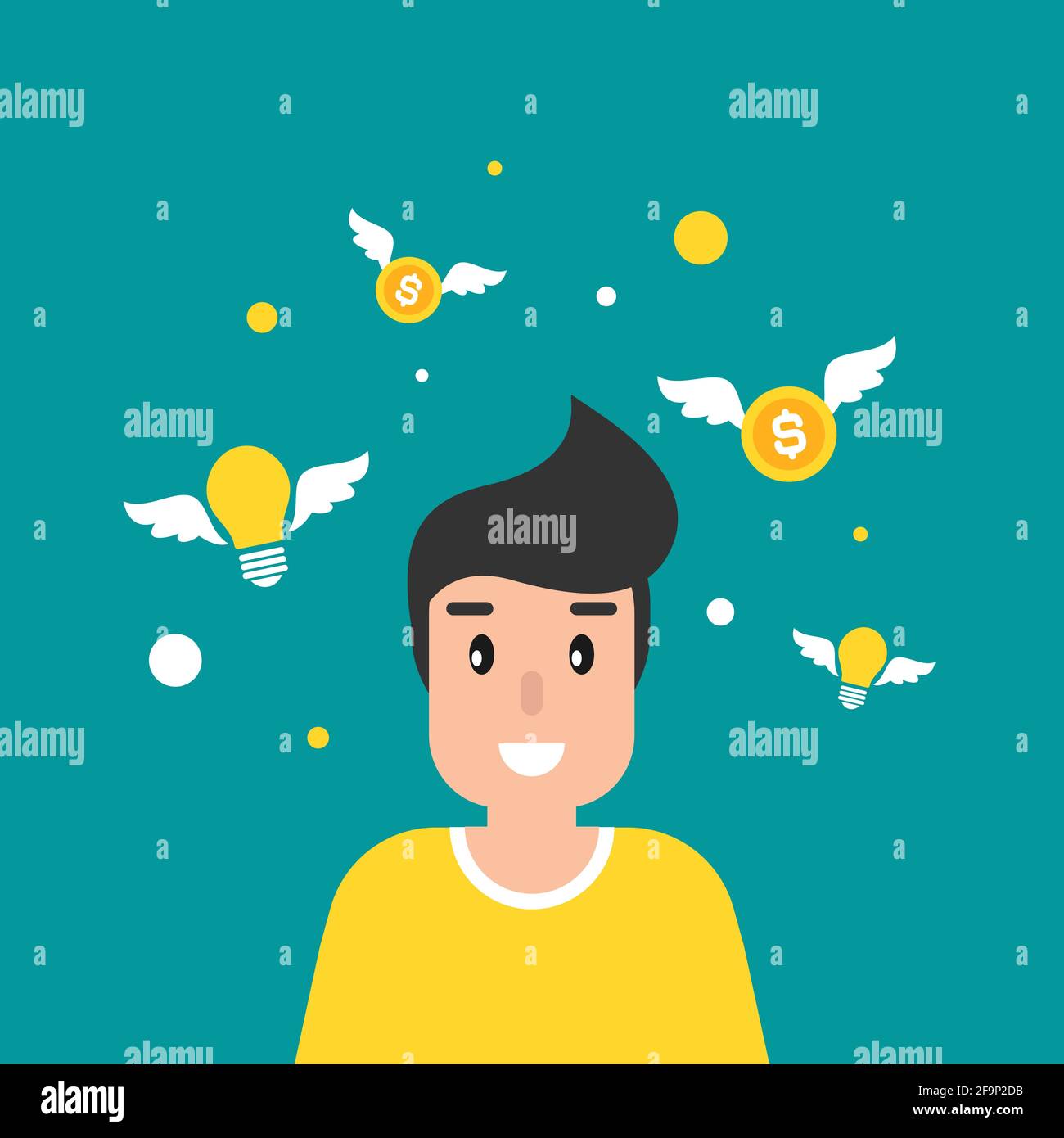 freelancer with flying dollar coins and idea bulbs. flat vector ...