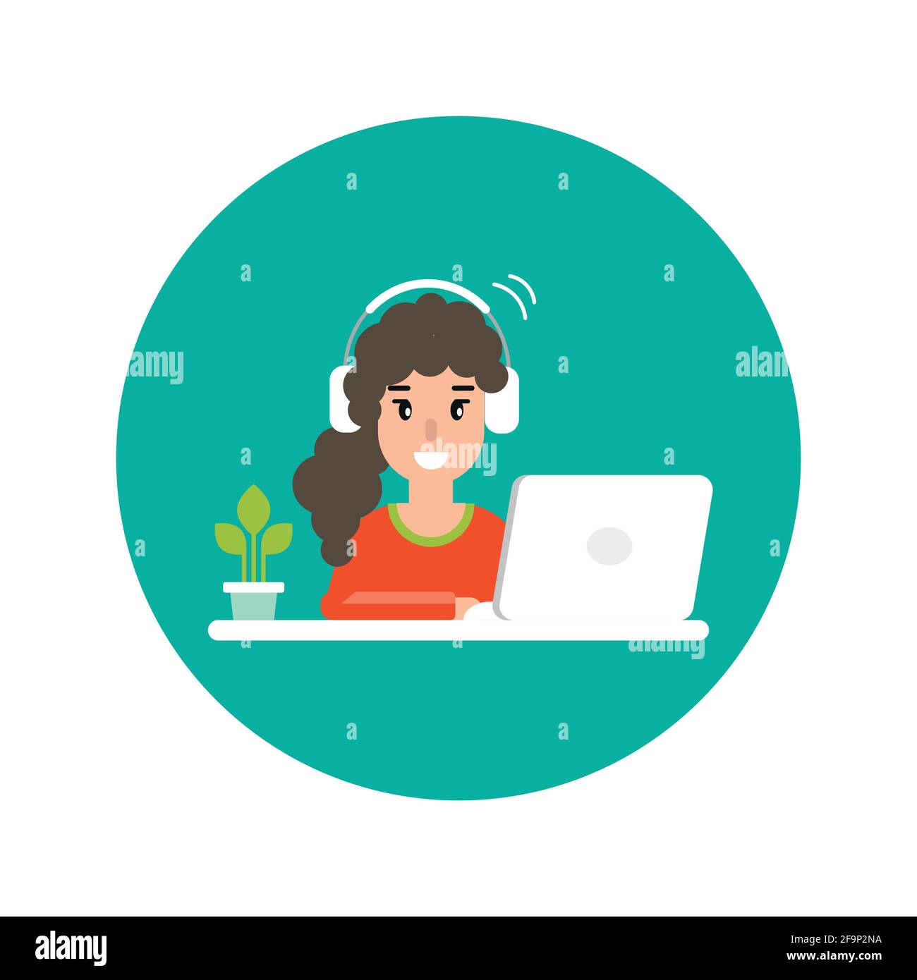cute freelancer girl on computer with earphones. flat vector cartoon ...