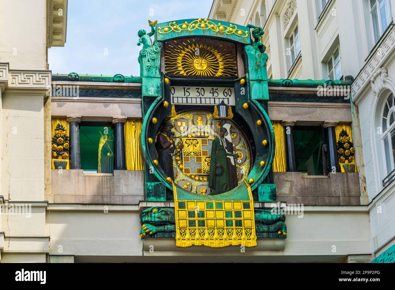 View of the famous Ankeruhr clock in the historical center of Vienna ...