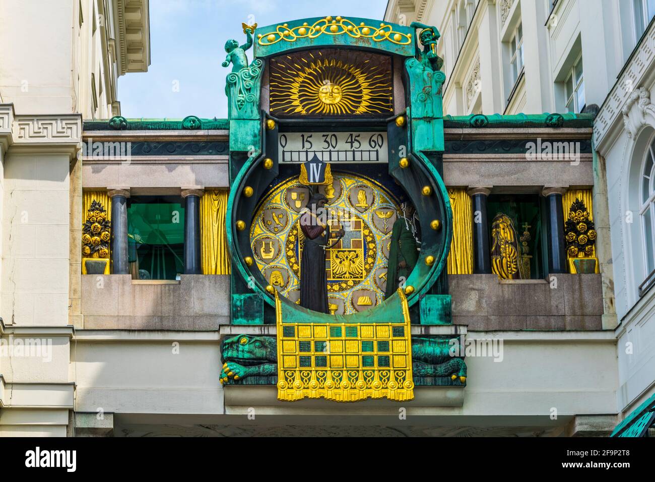 View of the famous Ankeruhr clock in the historical center of Vienna ...