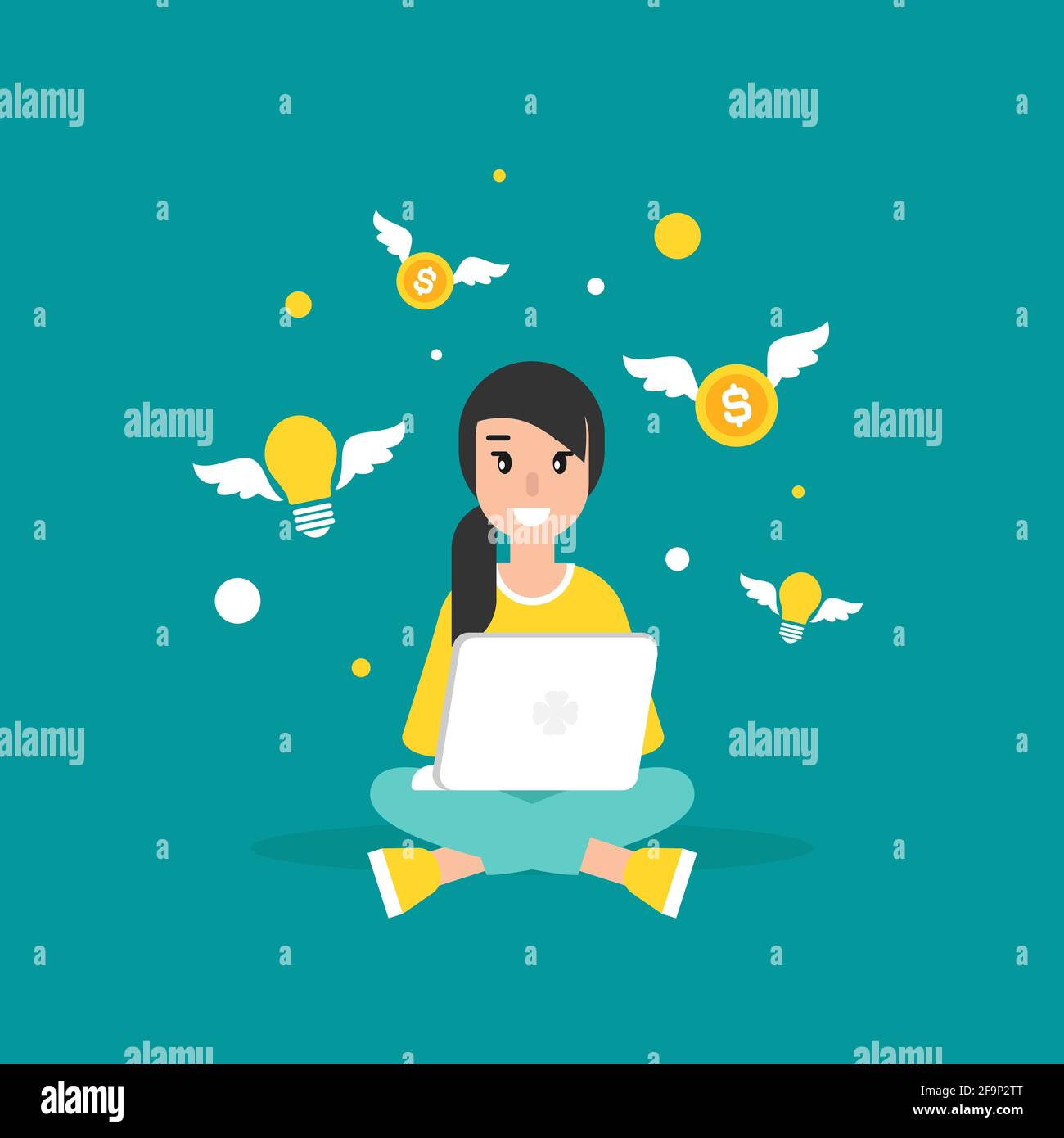 Happy freelancer girl with computer, flyong dollar coins and idea bulbs ...