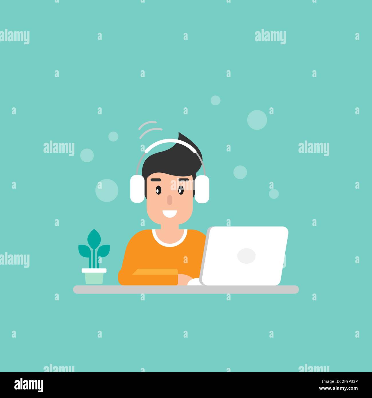 man in glasses with laptop computer. flat vector cartoon illustration ...