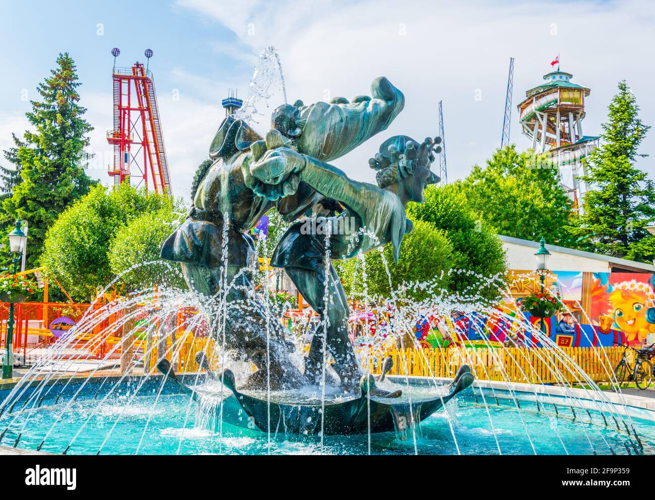 View of a clown fountain in front of the wurstel theater in the prater ...