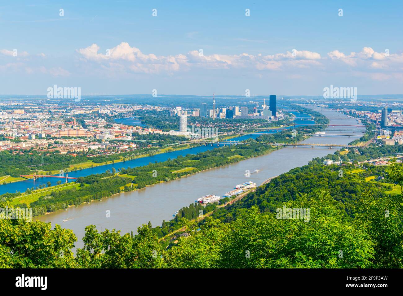 Aerial view of danube river, donauinsel island and vienna international ...
