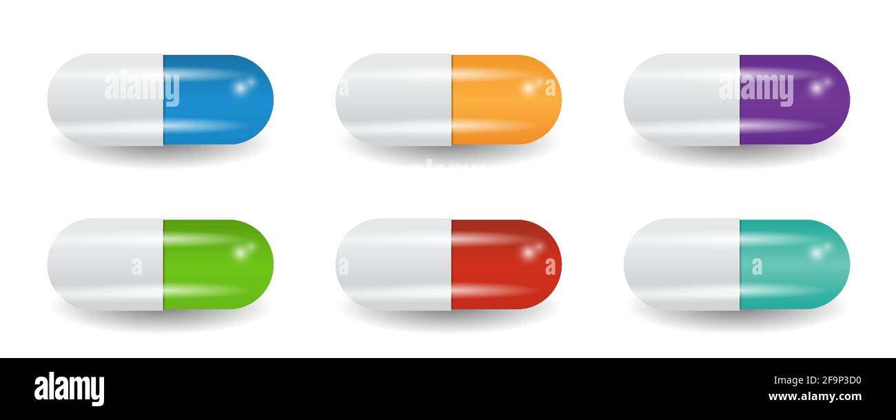 Collection of multicolored capsules pills. Medicine objects. Set of ...