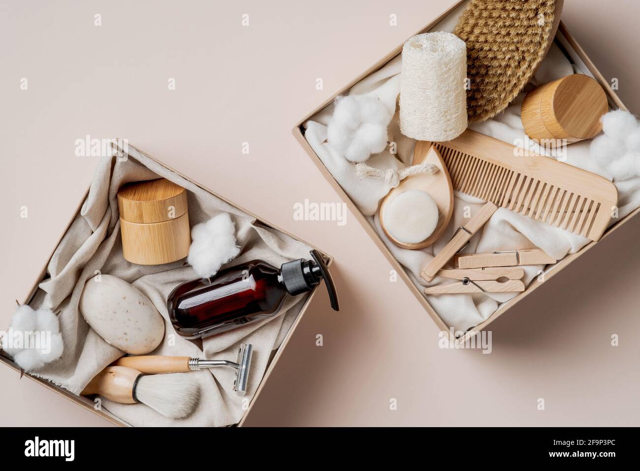 Beauty boxes with natural cosmetic products. Flat lay, top view Stock ...
