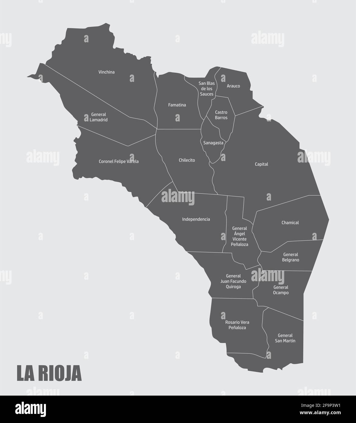 The La Rioja province isolated map divided in departments with labels ...