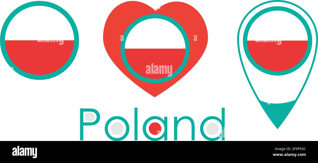 National flag of Poland, round icon, heart icon and location sign ...