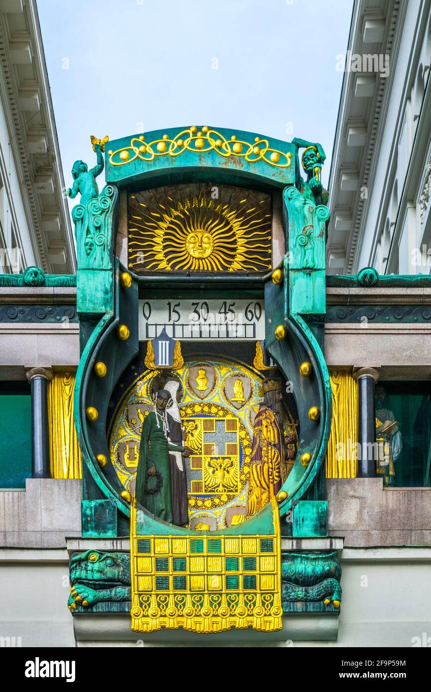 View of the famous Ankeruhr clock in the historical center of Vienna ...