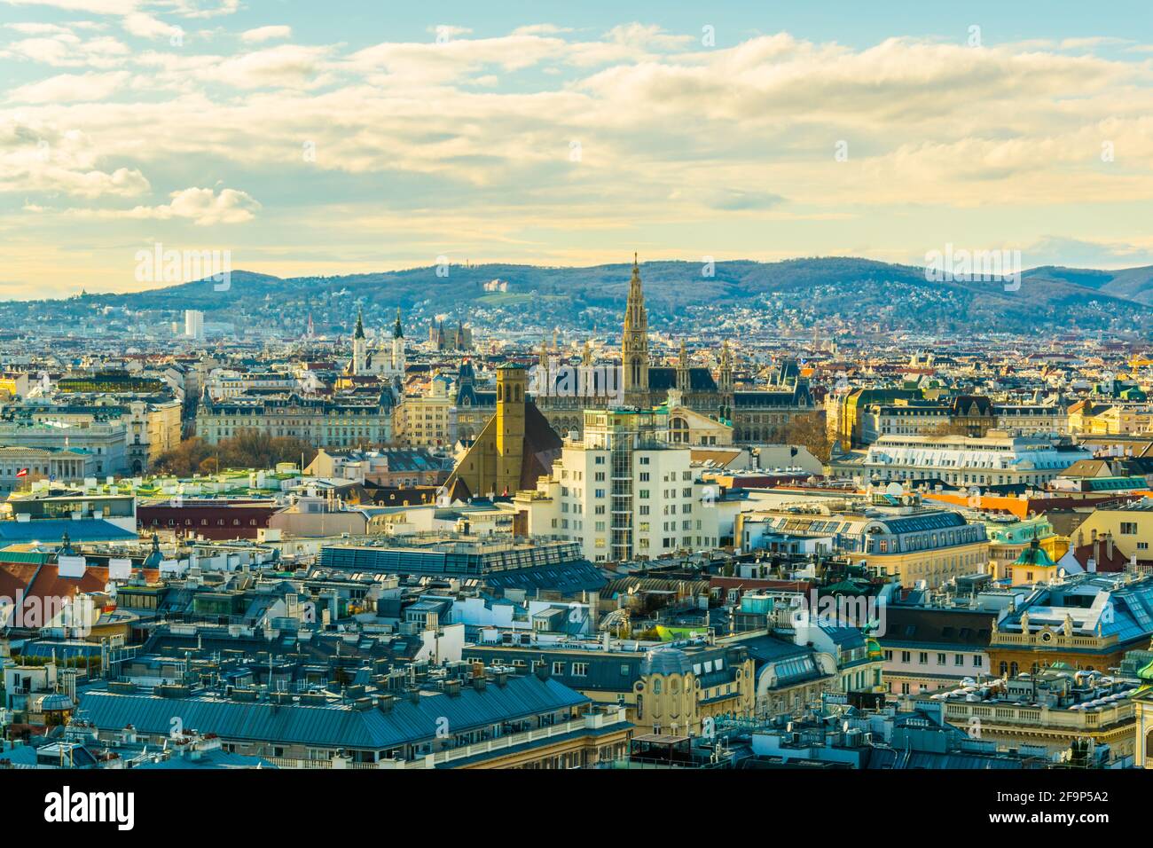 Aerial view of Vienna with tower of the town hall building from the ...